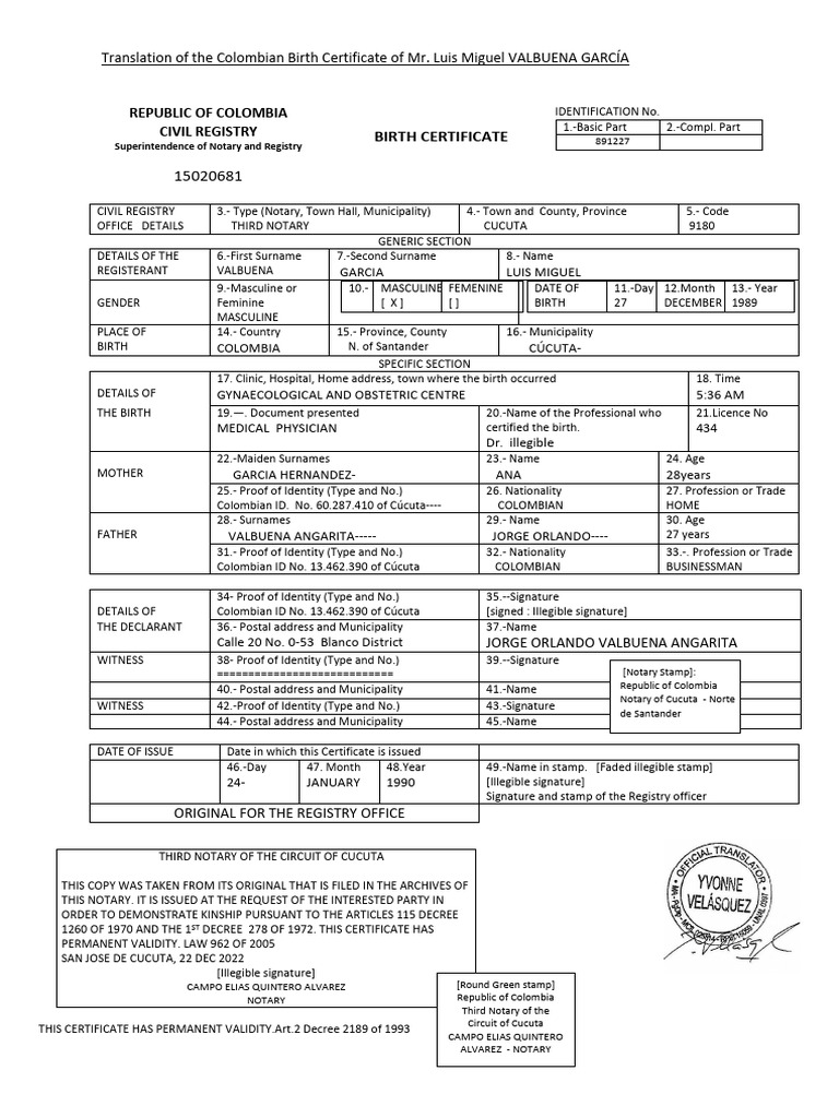 Colombian Birth Certificate of MR LUIS MIGUEL VALBUENA | PDF