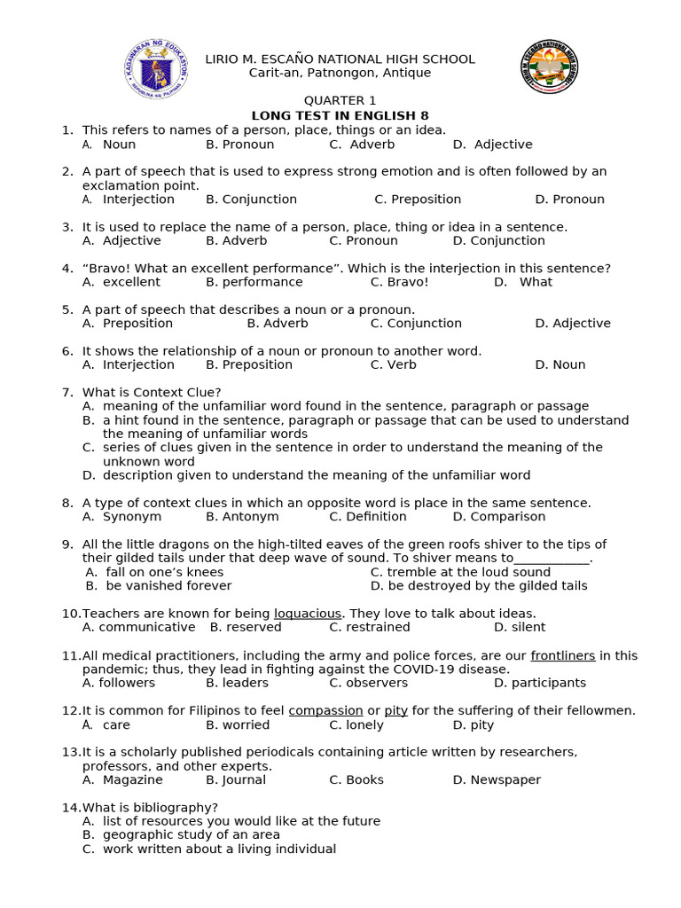Long Test in English Q1 | PDF