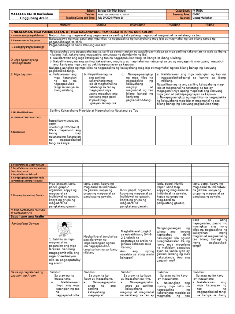 DLL - GMRC 4 - Q1 - W1 Matatag Elmer 2024 | PDF