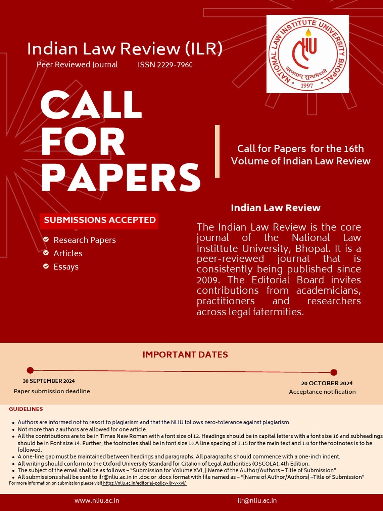 Call For Paper Indian Law Review ILR Vol - Xvi 1 | PDF