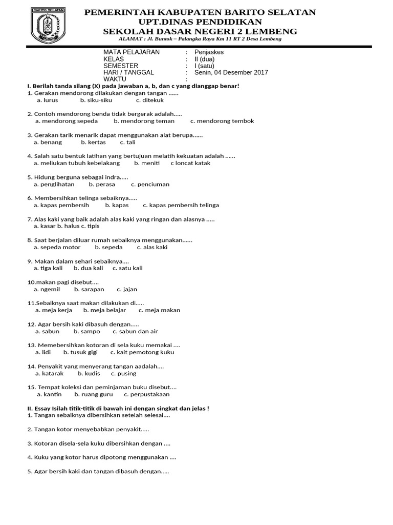 Soal Penjas Kelas 2 SM 1 Lembeng | PDF