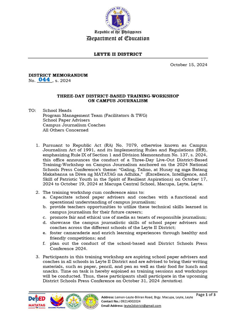 DISTRICT MEMO ON CAMPUS JOURNALISM 2024 | PDF