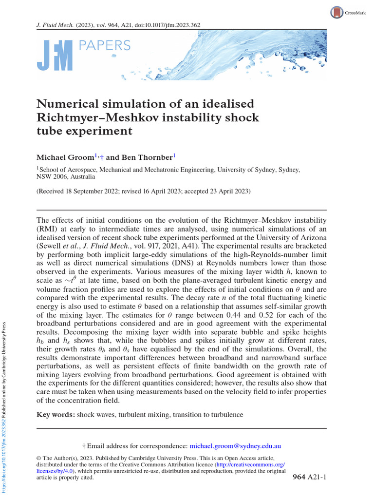 Numerical Simulation of An Idealised Richtmyer Meshkov Instability Shock Tube Experiment | PDF