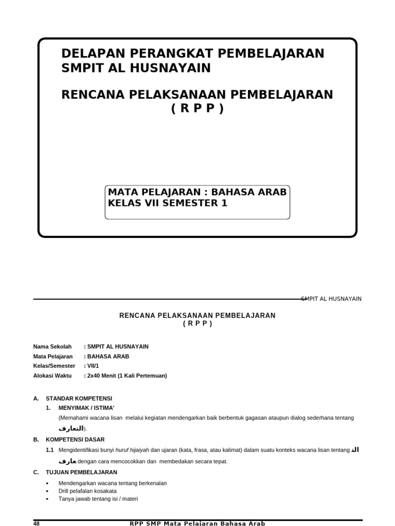 RPP Bahasa Arab Kls VII | PDF