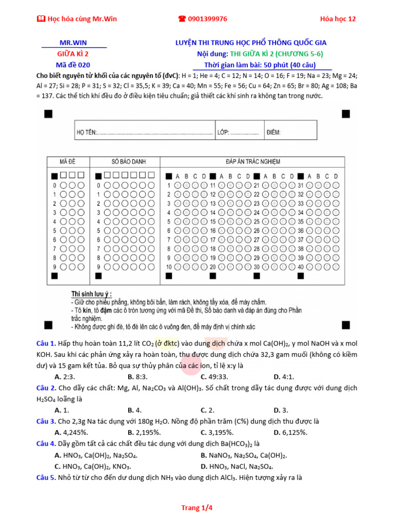 Mã 020 025 Thi GK2 Hóa 12 2023 2024 | PDF