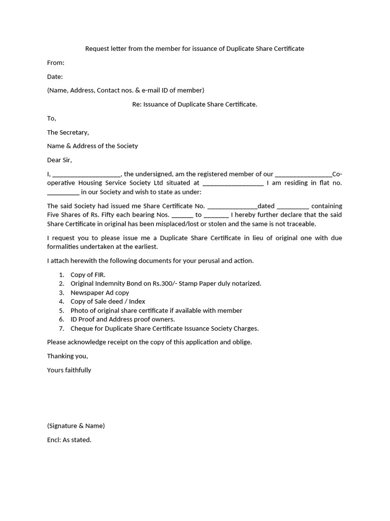 Request Letter From The Member For Issuance of Duplicate Share ...