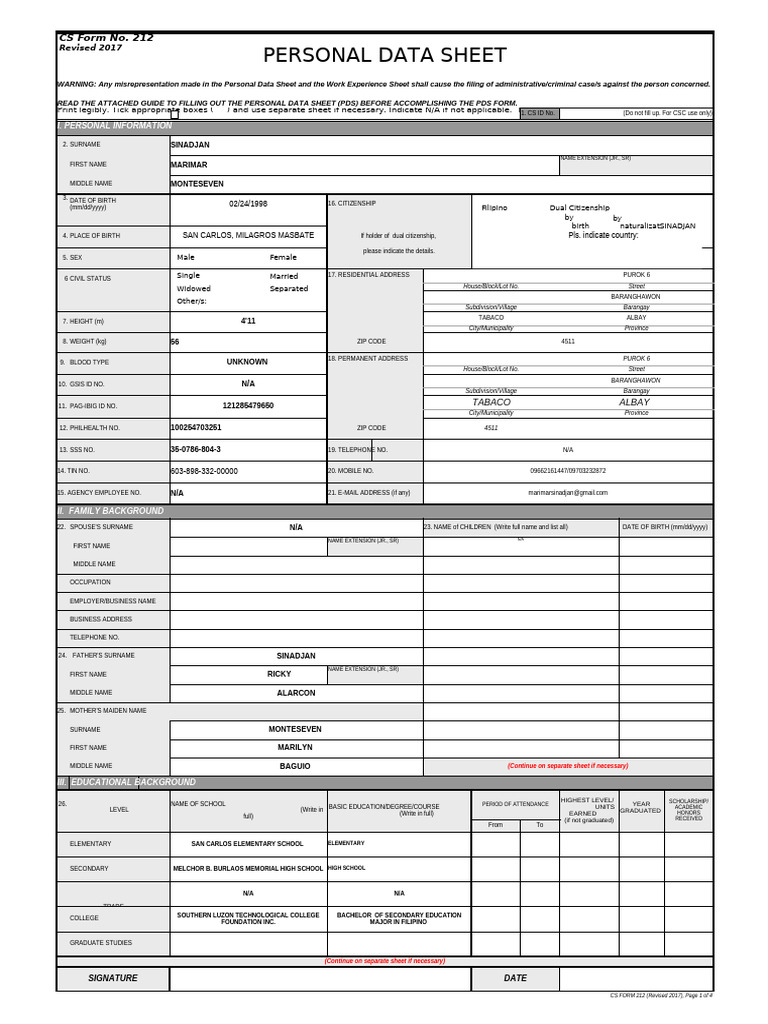 CS Form No. 212 Personal Data Sheet Revised | PDF