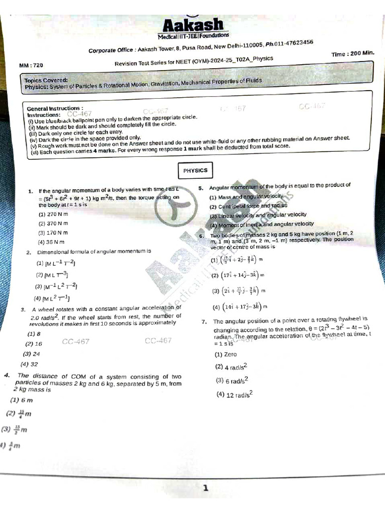 Oym Rts 2 Physics Code A QP by @aakashians01 | PDF