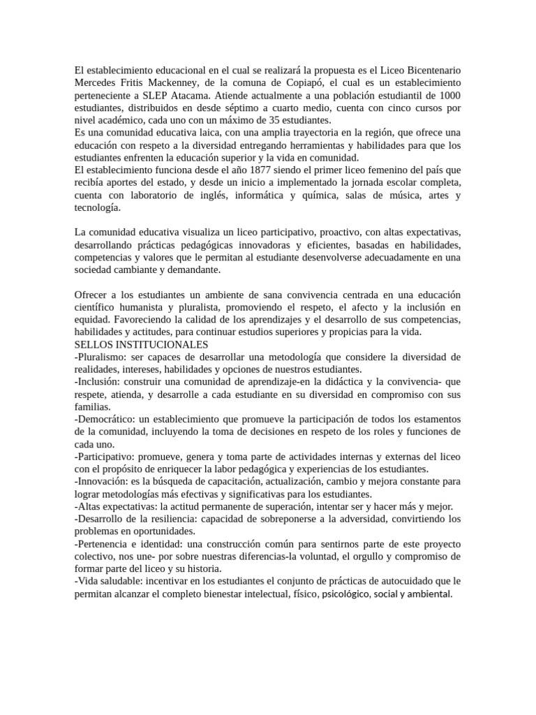 El Establecimiento Educacional en El Cual Se Realizará La Propuesta Es ...