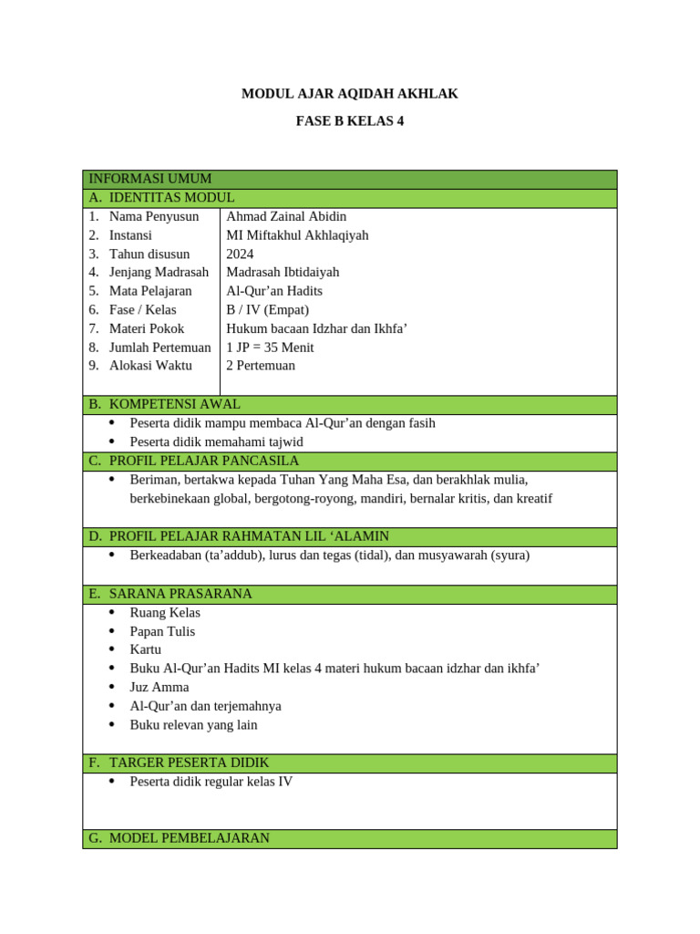 Modul Ajar Hukum Bacaan Al-Qur'an Kelas 4 | PDF