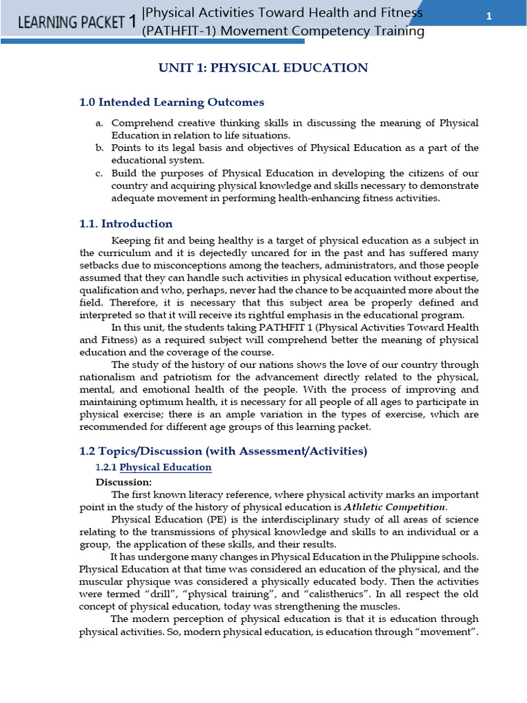Unit 1: Physical Education: 1.0 Intended Learning Outcomes | PDF