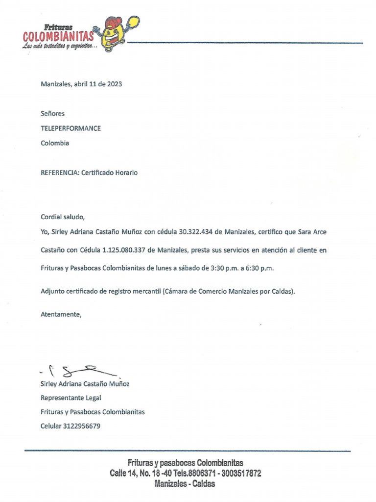 Certificado Horario Sara Arce | PDF