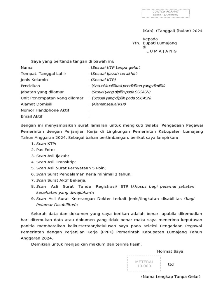Format Lamaran PPPK 2024 | PDF