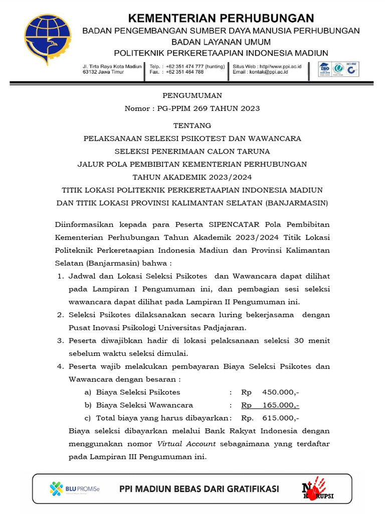 Pg. Seleksi Psikotes Dan Wawancara Polbit 2023 | PDF