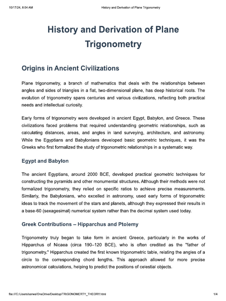 History and Derivation of Plane Trigonometry | PDF