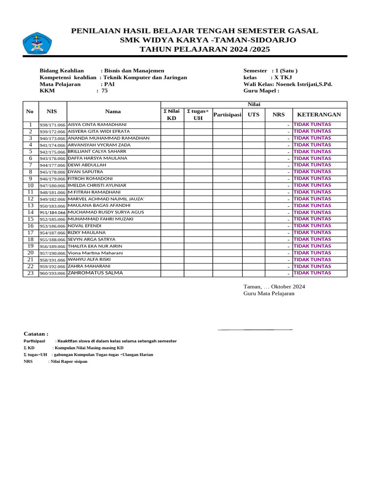 Format Penilaian UTS GASAL X TKJ 2024-2025 (Isi Nama Mapel) Revisi | PDF