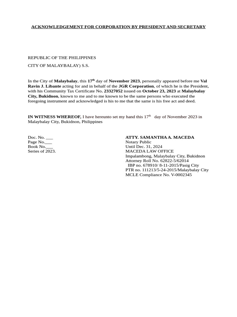 Acknowledgement for Corporation by President and Secretary | PDF