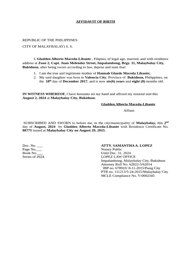 AFFIDAVIT OF BIRTH | PDF