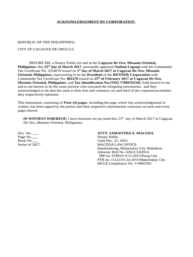 Acknowledgment by Corporation | PDF | Law