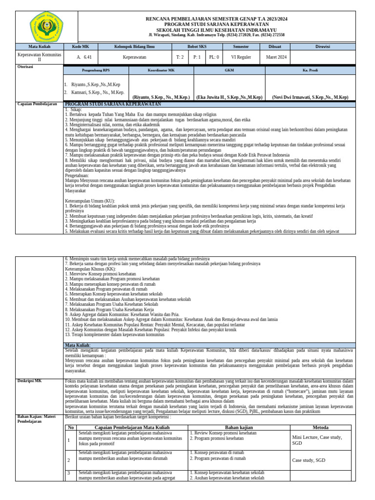 RPS Keperawatan Komunitas II - 2024 | PDF