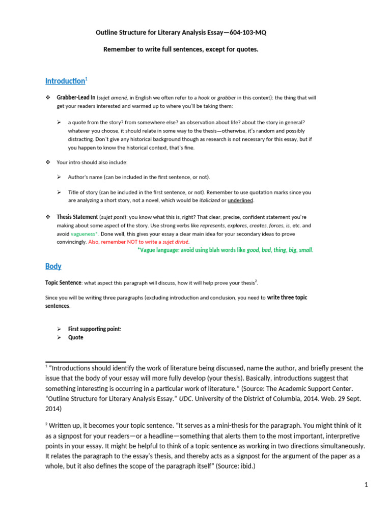 Outline Structure For Literary Analysis Essay F23 | PDF