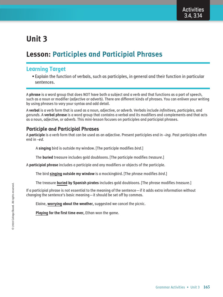 Unit 3 Participles and Participial Phrases - Teacher | PDF