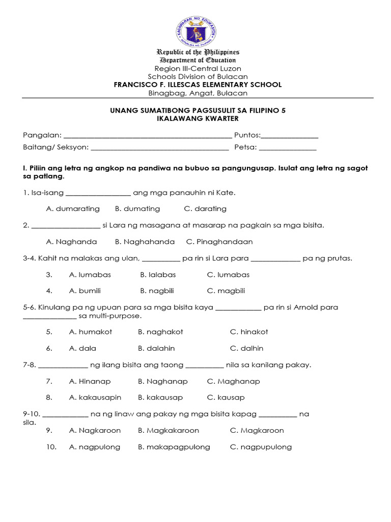 Summative Test in Filipino | PDF