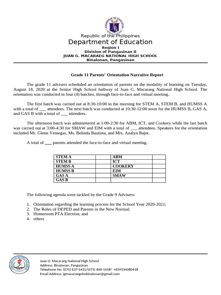 Grade 11 Narrative Report Parents Orientation 2020 2021 | PDF