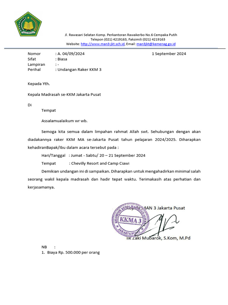 Undangan Raker KKM 3 20-21 Sept 2024 | PDF