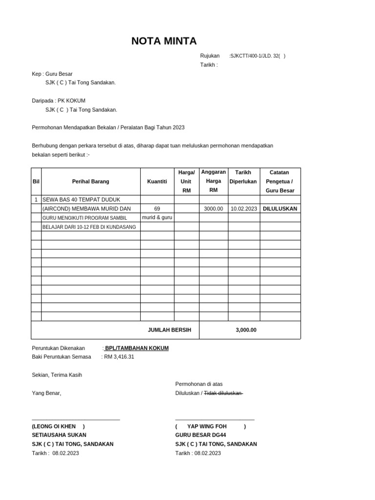 Nota Minta Bap 2023 | PDF