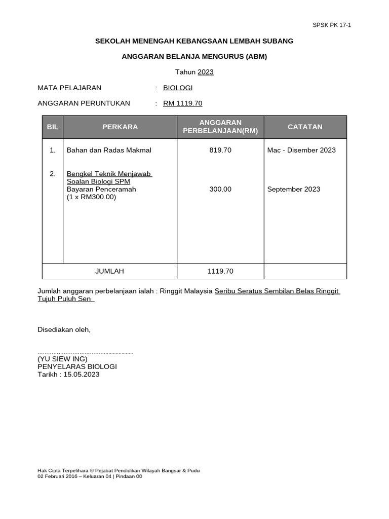 Anggaran - Belanja - Mengurus 2023 (Penyelaras Biologi) | PDF