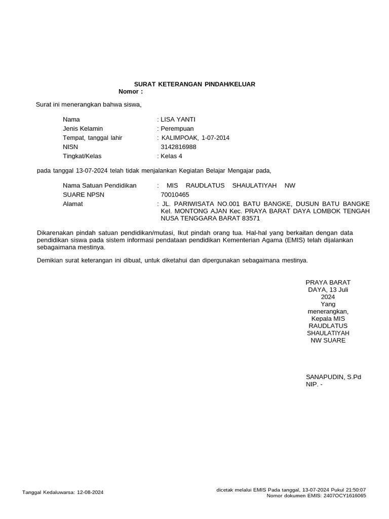 Mutasi Keluar - Surat Keterangan - LISA YANTI | PDF