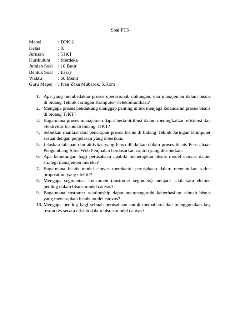 Soal, Kisi-Kisi, Kunci Jawaban PTS DPK 2 X TJKT | PDF