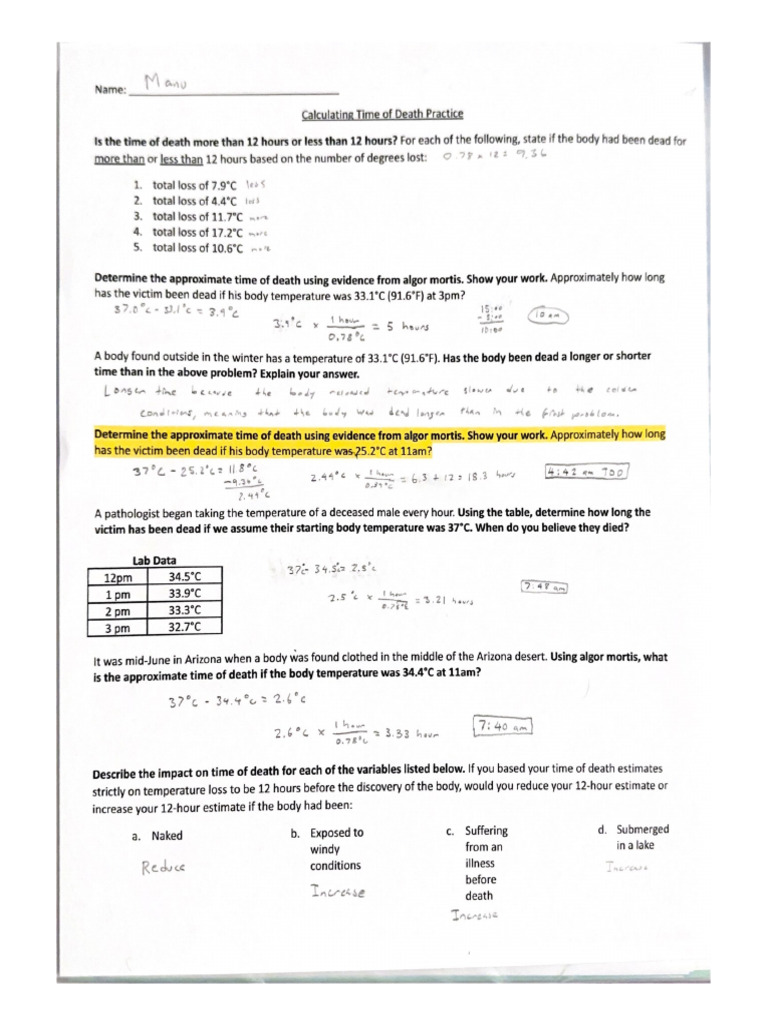 Calculating Time of Death Practice | PDF