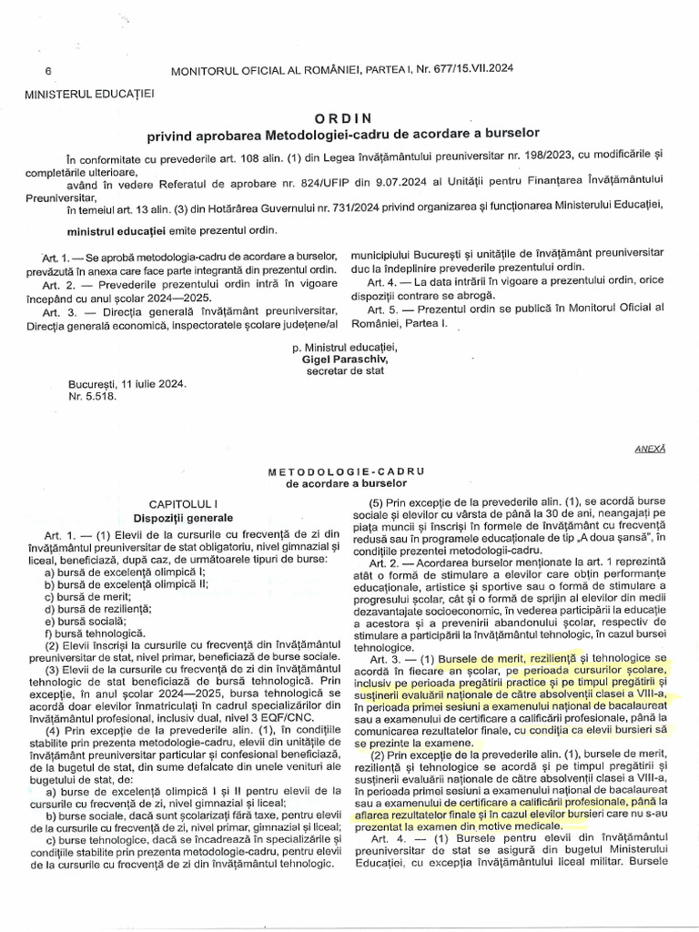 ORDIN 5518 DIN 11.07.2024 Metodologie-Cadru de Acordare A Burselor | PDF