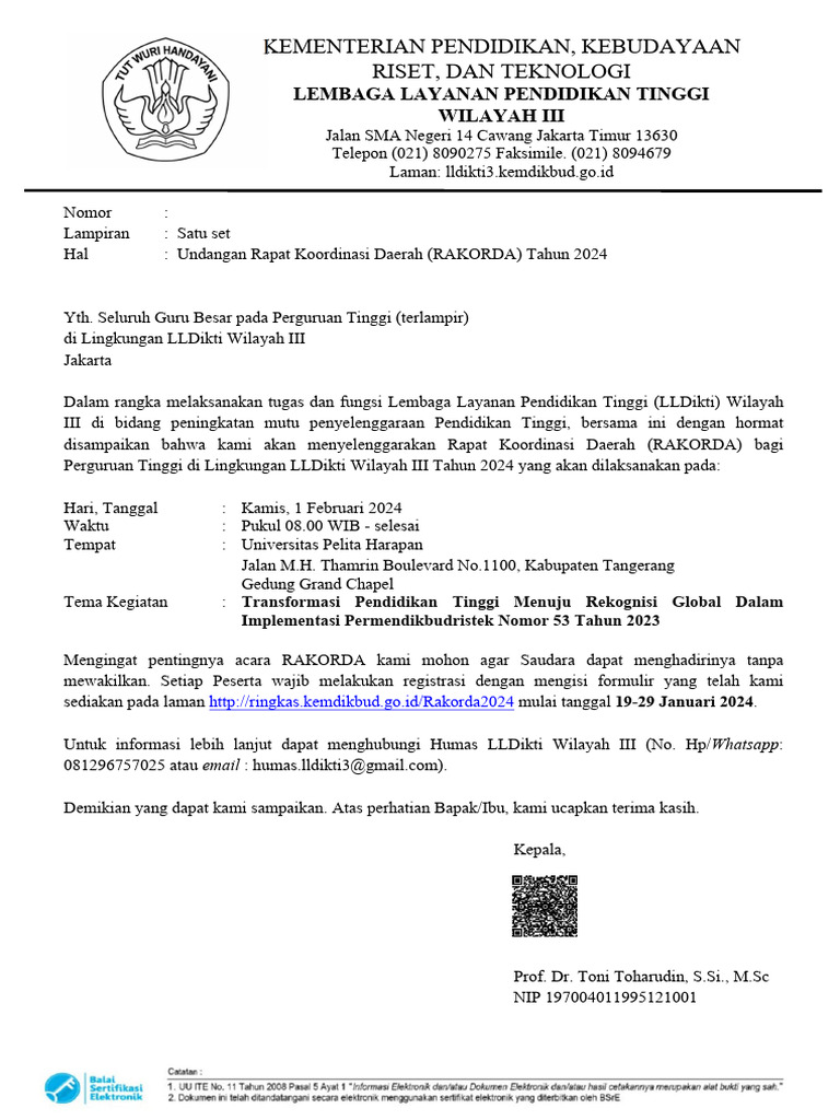 Undangan Rakorda Tahun 2024 Bagi Guru Besar Perguruan Tinggi Di Lingkungan LLDikti Wilayah III | PDF