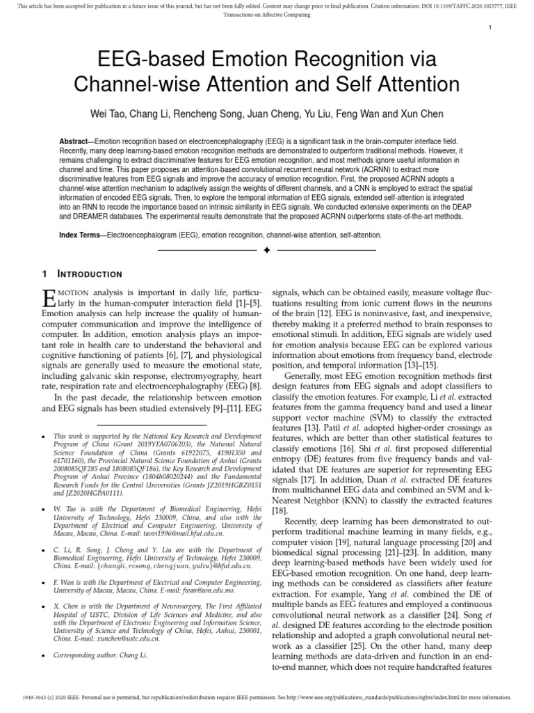 EEG-based Emotion Recognition Via Channel-Wise Attention and Self Attention | PDF