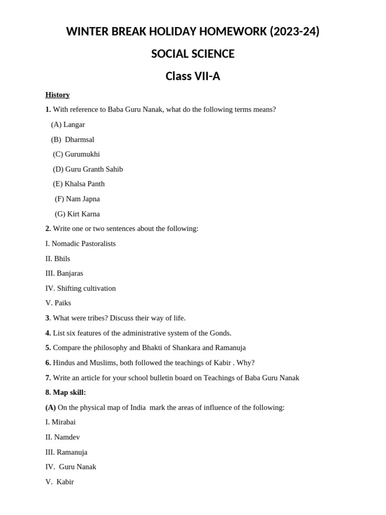 Vii-A Winter Break Holiday Homework | PDF