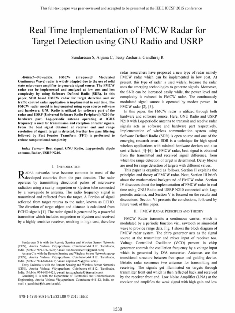 Real Time Implementation of FMCW Radar For Target Detection Using GNU Radio and USRP | PDF