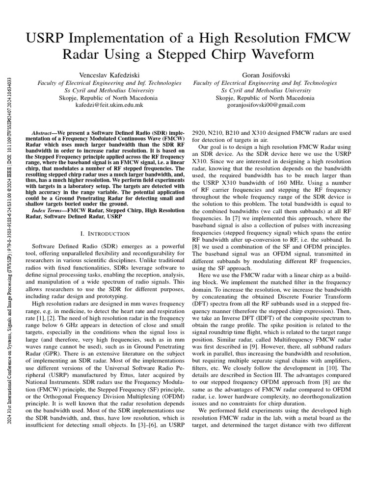 USRP Implementation of A High Resolution FMCW Radar Using A Stepped Chirp Waveform | PDF