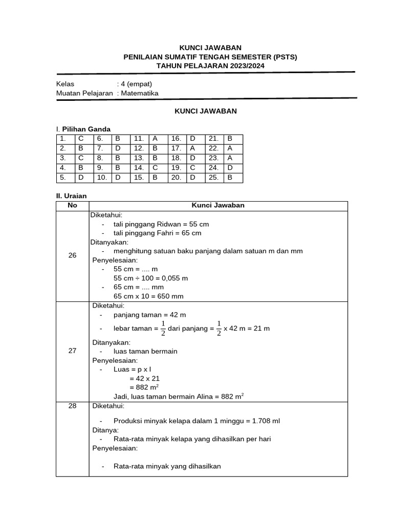 Kunci Jawaban PSTS MTK Kelas 4 2023-2024 Semester 2 | PDF