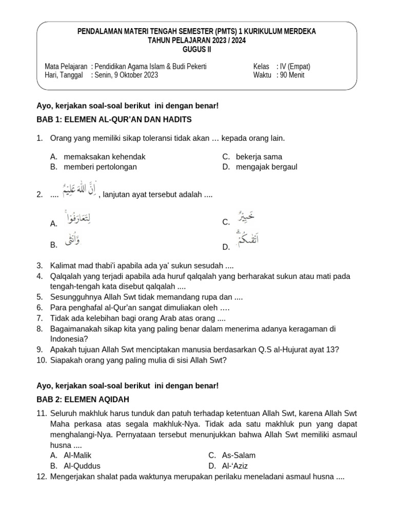 4 Soal PMTS-1 Pai 2023 | PDF