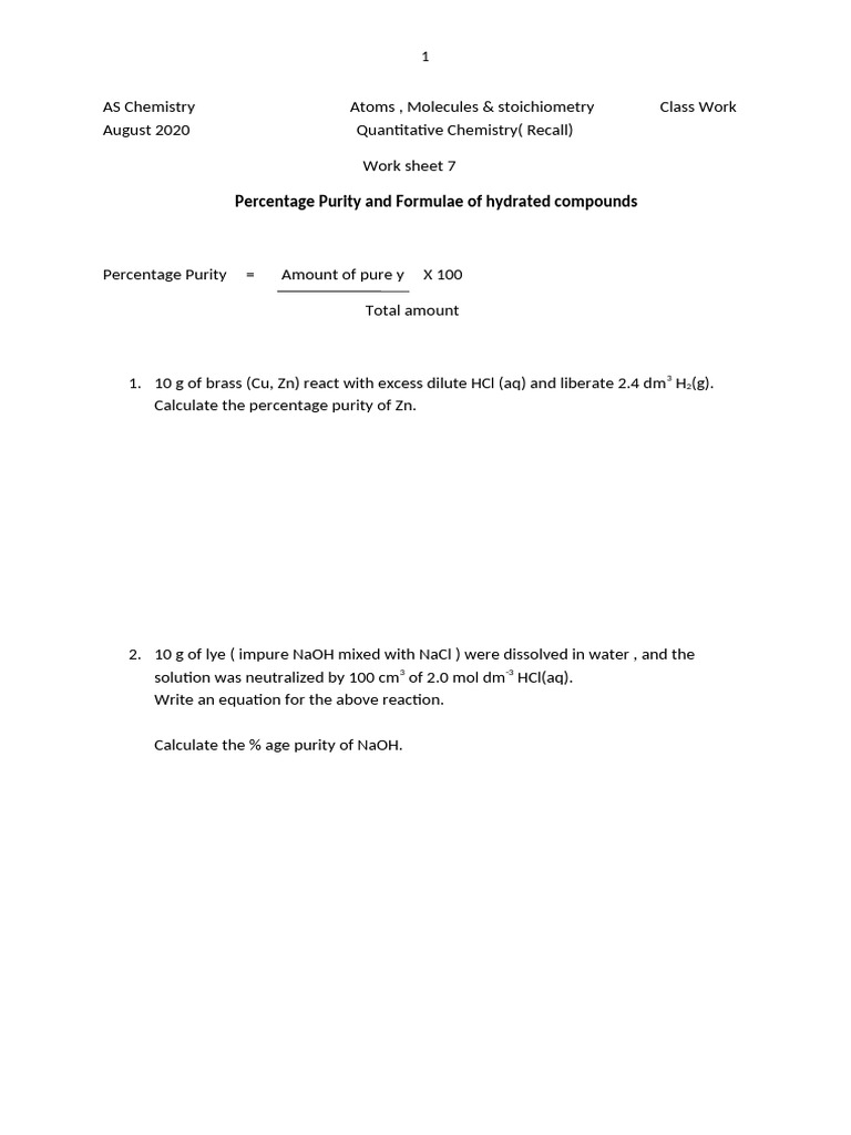 AS Chemistry Class Work Percentage Purity Hydrated Salts and Titration ...