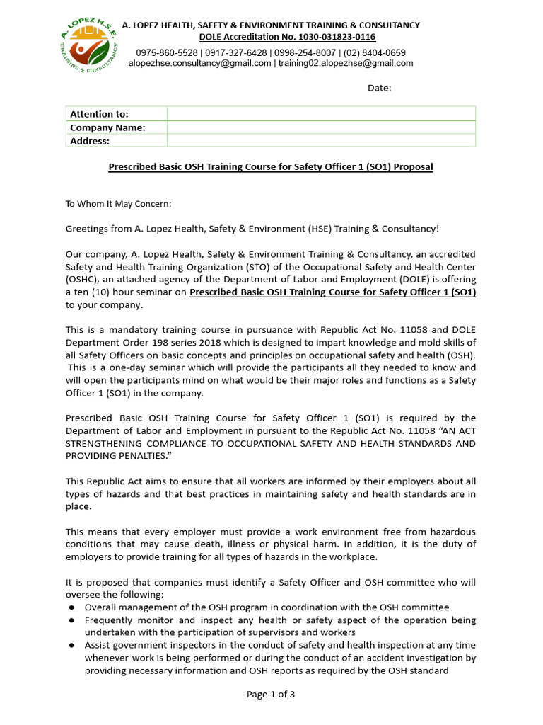 A. Lopez HSE - Proposal - 01 OSH SO1 | PDF