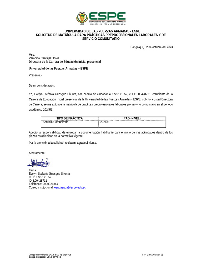 Formato Solicitud Matrícula Manual PPP 202451 - Guasgua Evelyn | PDF