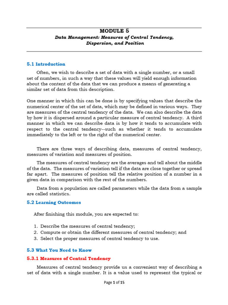 Module 5 Data Management Measures of Central Tendency Dispersion and ...