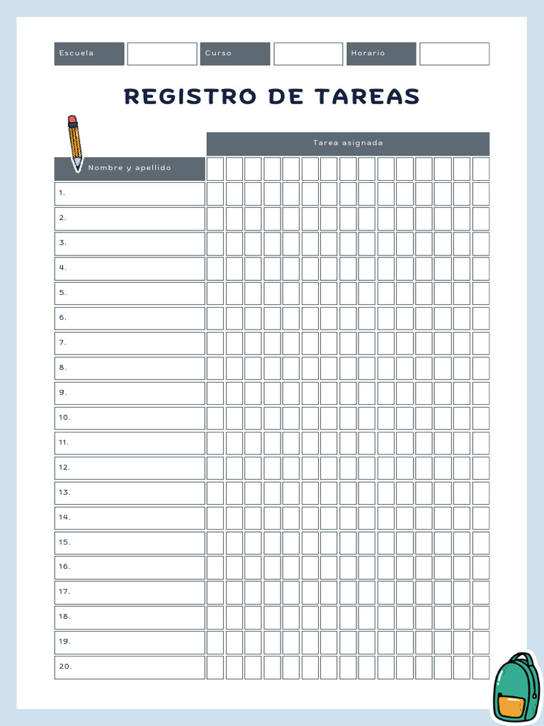 Documento de Planilla de Registro de Tareas Escolares Simple Gris y Celeste | PDF