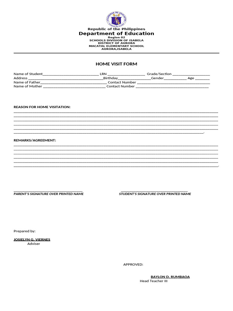 Home Visitation Form | PDF
