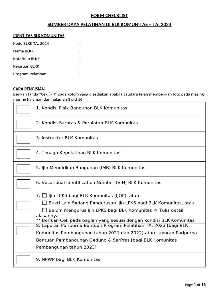 Form Checklist SDP - BLKK Ta. 2024 | PDF