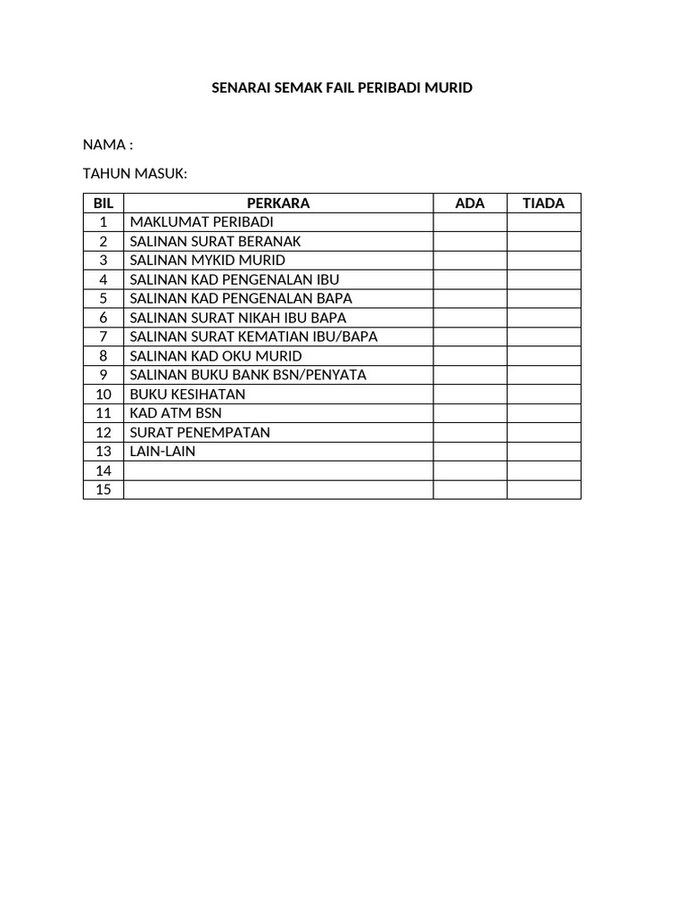 Senarai Semak Fail Peribadi Murid | PDF